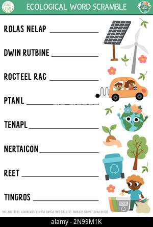 Vector ecological word scramble activity flash cards. English language ...