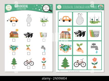 Vector ecological searching game with eco city landscape. Spot hidden ...