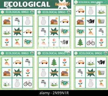 Ecological cards set with cute children, planet, waste recycling ...