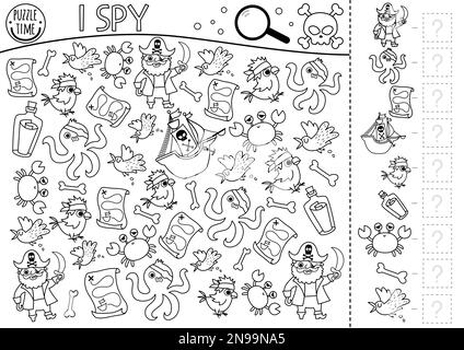 Pirate black and white I spy game for kids. Searching and counting ...