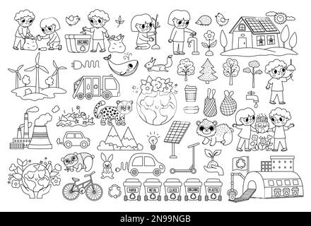 Ecological coloring page for children with planet. Vector eco awareness ...