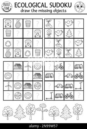 Vector ecological sudoku puzzle for kids with pictures. Simple Earth ...