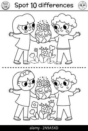 Find differences game. Ecological black and white educational activity ...