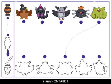 Halloween shape matching, coloring and drawing activity. Autumn holiday ...