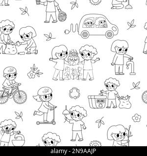 Cute black and white eco friendly kids collecting waste. Boy, girl ...