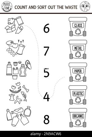 Match the numbers ecological black and white game with girl planting ...