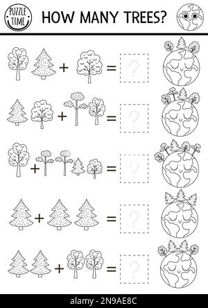 How many trees game with cute planet. Ecological math addition activity ...