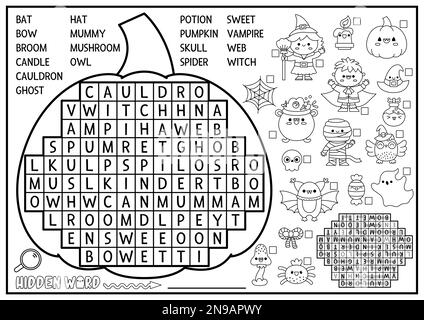 Vector Halloween black and white wordsearch puzzle for kids. Simple ...