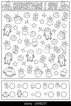 Christmas black and white I spy game for kids. Searching and counting ...