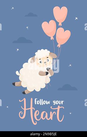 Sheep flying in the sky with clouds. Cute Wallpaper for kids. Vector ...