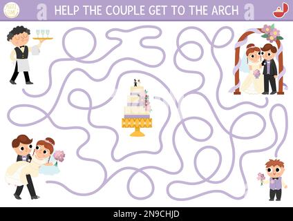 Wedding maze for kids with bride and groom cutting the cake. Marriage ...