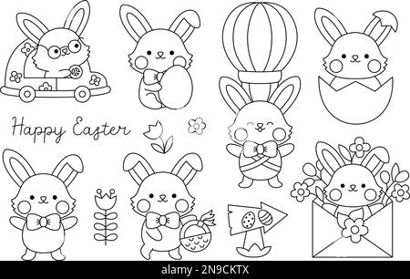 Set of Kawaii Rabbit Coloring Page Illustrations. Collection of Cute ...