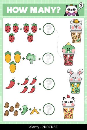 Math game worksheet, cartoon broccoli, kohlrabi and cauliflower cabbage ...