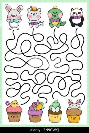 Kawaii maze for kids. Preschool printable activity with cute animals ...