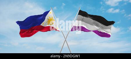 two crossed flags asexuality Pride and Switzerland waving in wind at ...