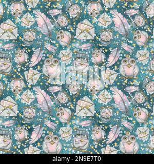 Magic owls, letters, envelopes and feathers. Winter, New Year ...