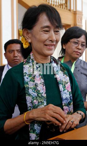 Myanmar's opposition leader Aung San Suu Kyi speaks during an election ...