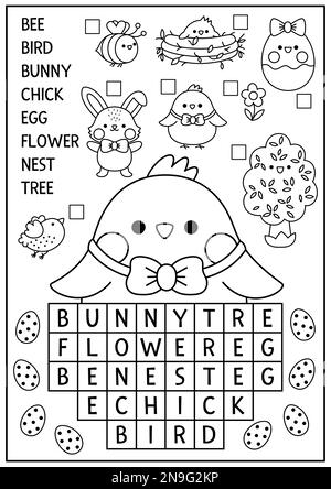 Vector black and white Easter wordsearch puzzle for kids. Simple spring ...