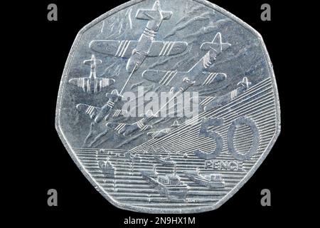 Reverse side of a 1994 50 fifty pence coin commemorating 50 years of ...