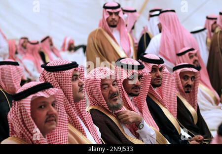 Saudi tribal chiefs crowd into a tent outside the royal palace in ...