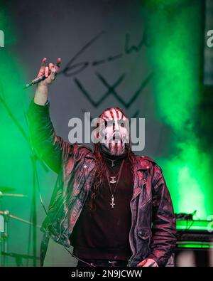 A vertical shot of Gaahl's Wyrd performing at the Brutal Assault 2022 ...