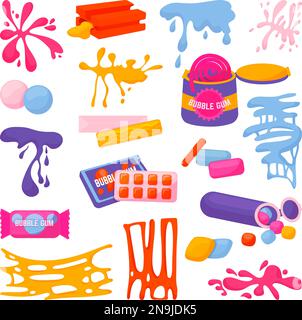 Gum splashes and pink slime, bubble gums sticky, chewing candies. Green ...
