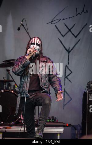A vertical shot of Gaahl's Wyrd performing at the Brutal Assault 2022 ...