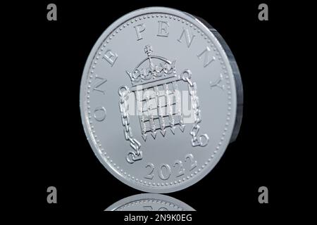 Reverse side of a Silver Proof British One Penny coin featuring a ...