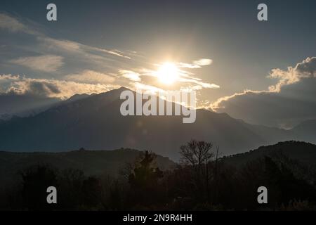 View of the impressive snowy mount Taygetus from Lakonia, Greece ...