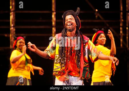Mandisi Dyantyis of the Isango Ensemble, performs in Aesop's Fables at ...