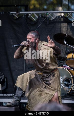 A vertical shot of Band 1914 performing on Brutal Assault 2022 festival ...