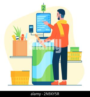Self service in grocery store, supermarket vector illustration. Cartoon ...