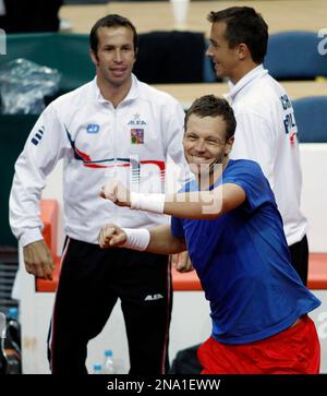 Lukas Rosol of the Czech Republic celebrates during his second round ...