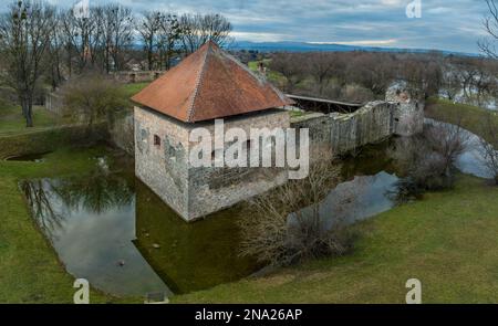 Aerial view of Onod castle in Borsod county, square shape four tower ...