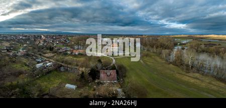 Aerial view of Onod castle in Borsod county, square shape four tower ...