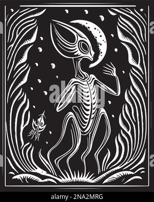 Beautiful and mysterious linocut art or colouring page of an alien made ...
