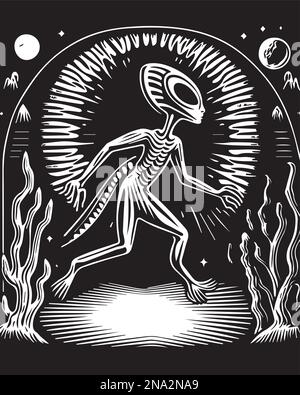 Beautiful and mysterious linocut art or colouring page of an alien made ...