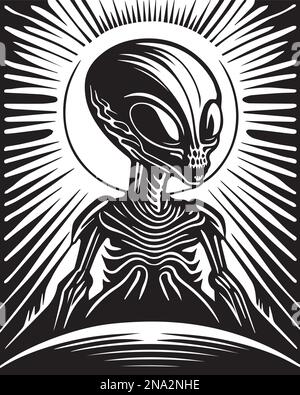 Beautiful and mysterious linocut art or colouring page of an alien made ...