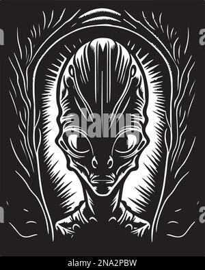 Beautiful and mysterious linocut art or colouring page of an alien made ...