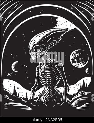 Beautiful and mysterious linocut art or colouring page of an alien made ...