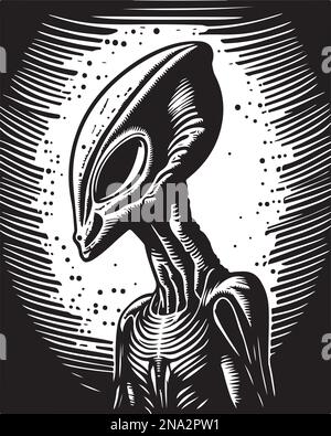 Beautiful and mysterious linocut art or colouring page of an alien made ...