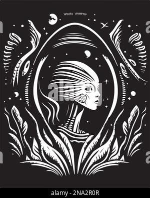 Beautiful and mysterious linocut art or colouring page of an alien made ...