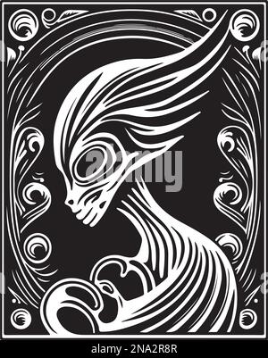 Beautiful and mysterious linocut art or colouring page of an alien made ...