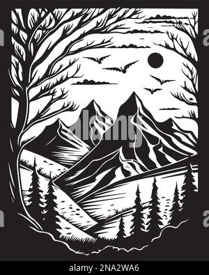 linocut, illustration, mountain, landscape, design, black, vector ...