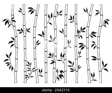 Bamboo stem and leaves outline border set. Exotic decoration elements ...