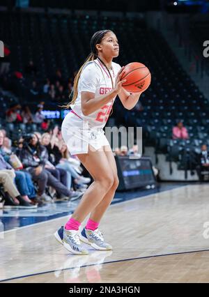 Atlanta, Georgia. 12th Feb, 2023. Pitt's Avery Strickland (23) controls ...