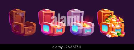 Game icons of futuristic boxes with money and diamonds. Sci-fi game ...
