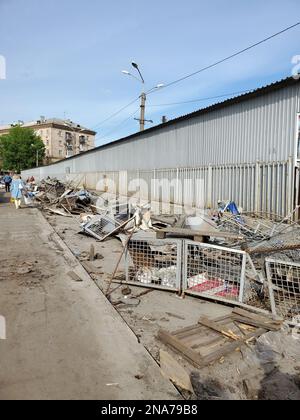 broken construction parts of street market. Street reconstruction ...