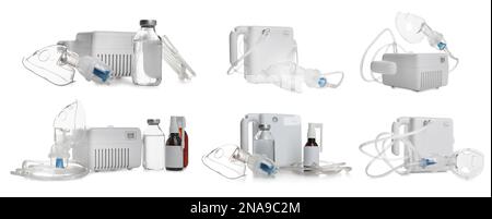 Set of modern nebulizers on white background. Inhalation equipment ...