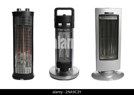 Different modern electric heaters on white background, collage. Banner ...